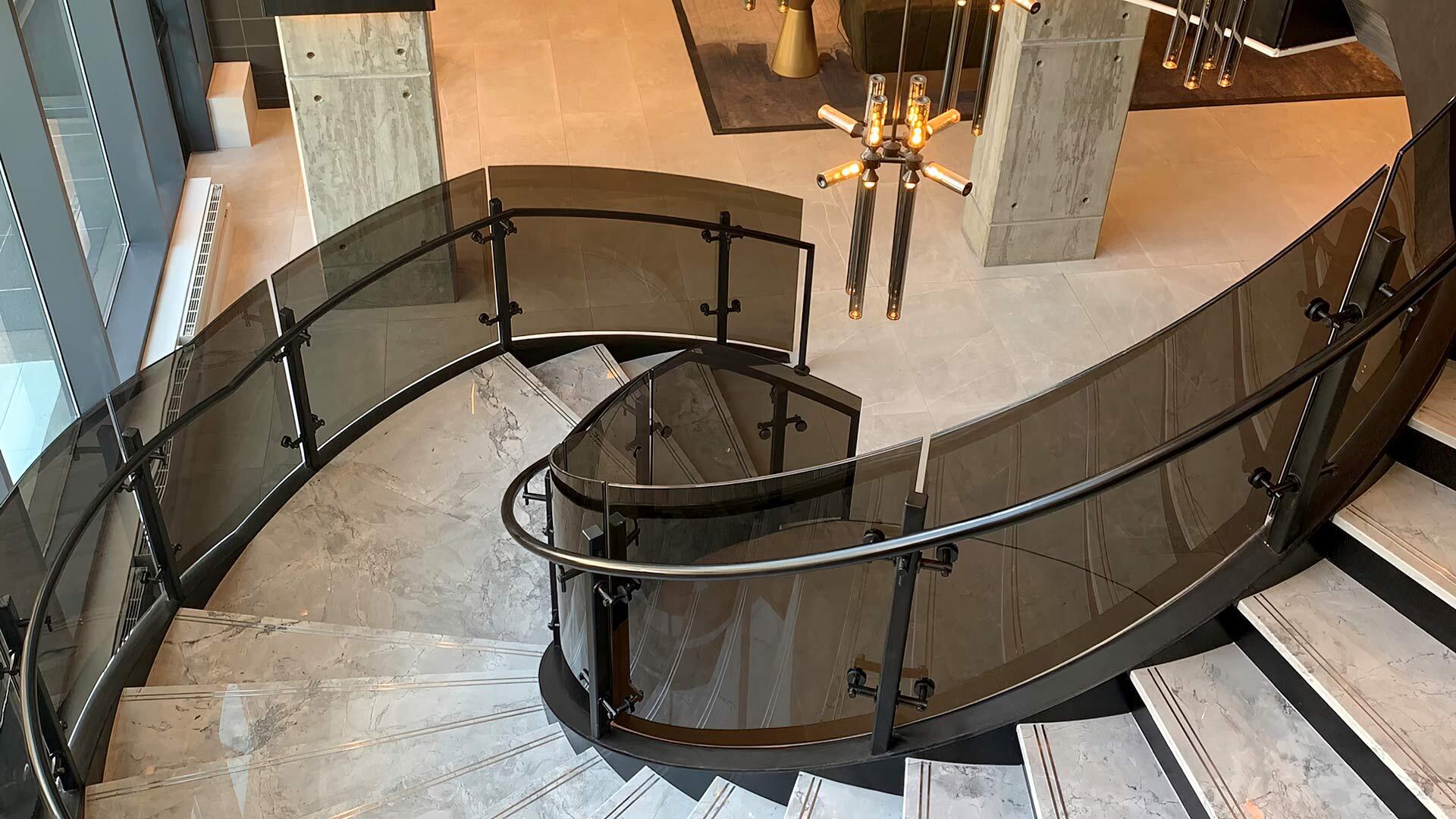 Allsteel Hyatt Centric Bent Glass Hotel Lobby curved glass staircase ...