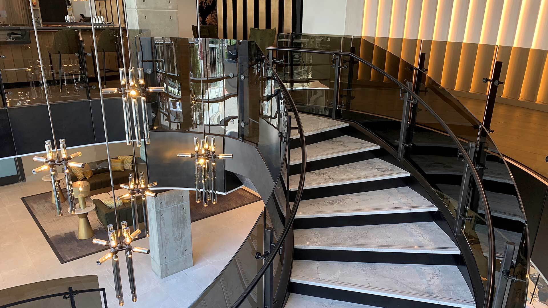 Allsteel Hyatt Centric Bent Glass Tempered curving glass stairway ...