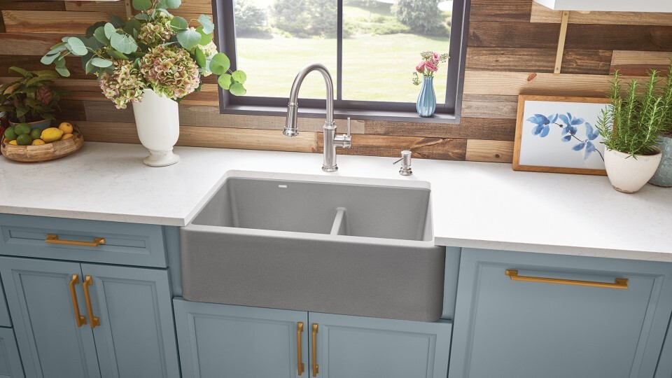 BLANCO IKON 33" 1-3/4 Farmhouse Sink in Concrete Gray with EMPRESSA ...