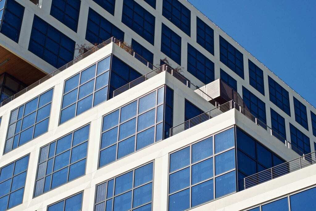 Close up exterior view of office building with architectural precast ...