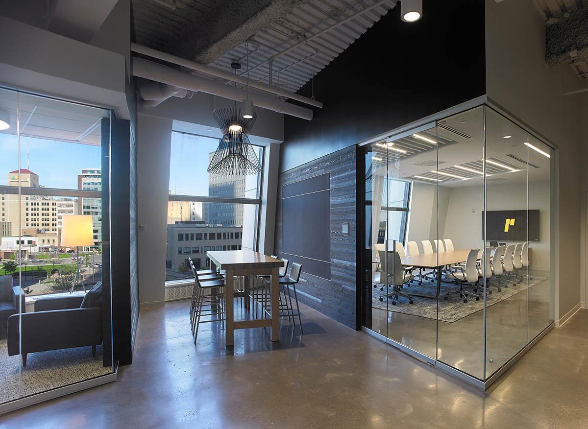 Interior Office Feature Wall Design | Pioneer Millworks - Larch Carbon ...