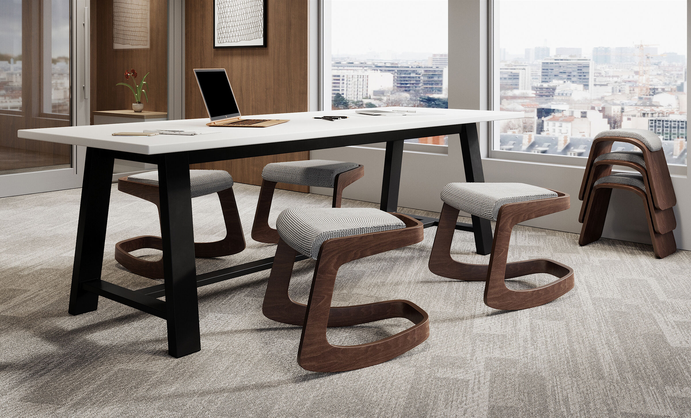 Makau rocking stools & Saddle stools with Midtown table | KFI Studios