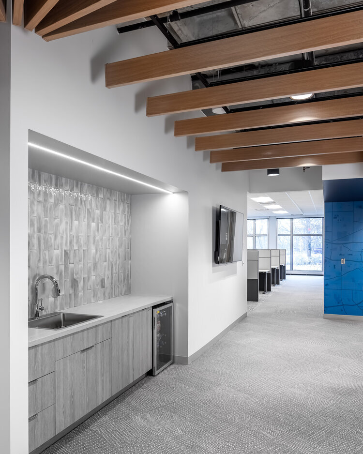 Modern Office Open Space and Hallway with Wooden Ceiling Beams and ...