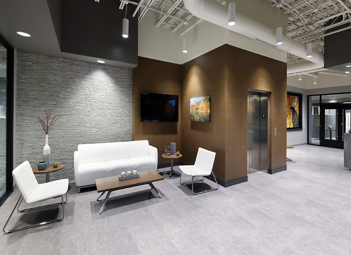 Office Common Area and Lobby with Cylinder Hanging Pendant Lights | H.E ...