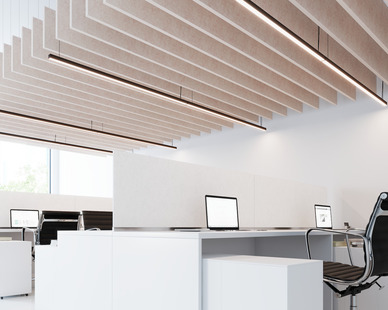 Open Office Workspace and Lounge with Acoustic Hanging Ceiling Baffle ...