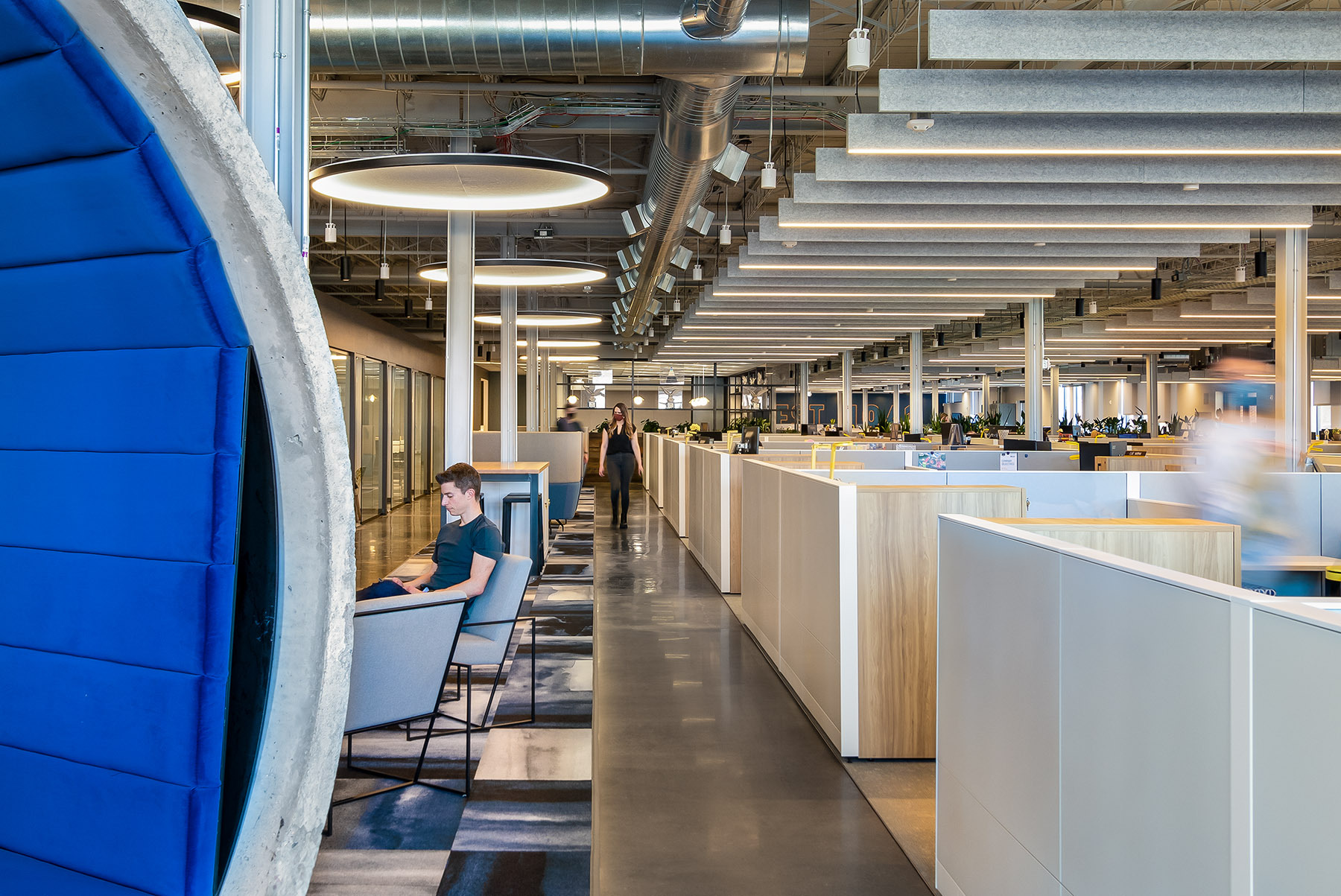 Open Office Walkway and Cubicle Spaces with Hanging Pendant Lights and ...