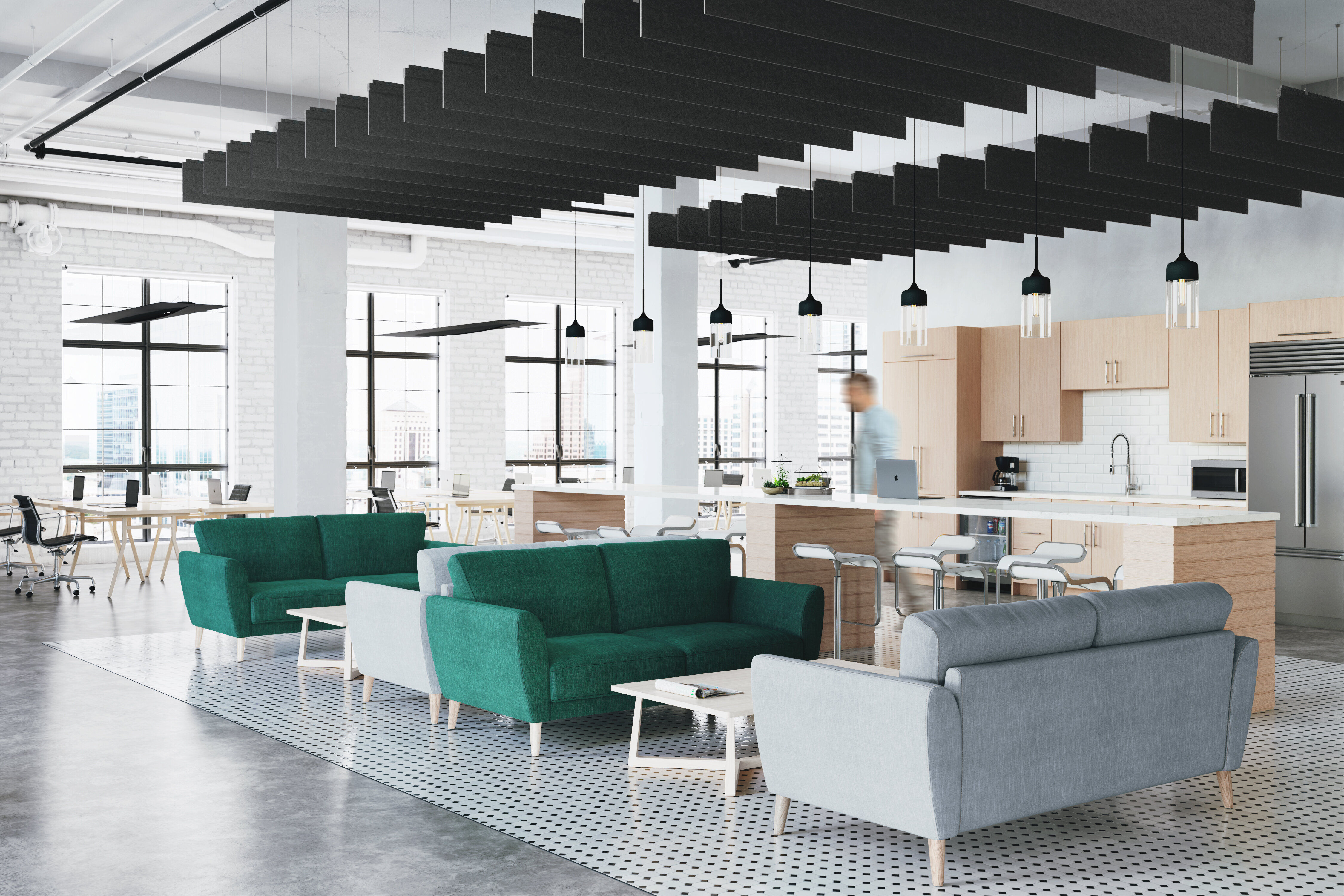 Open Office Workspace and Lounge with Acoustic Hanging Ceiling Baffle ...