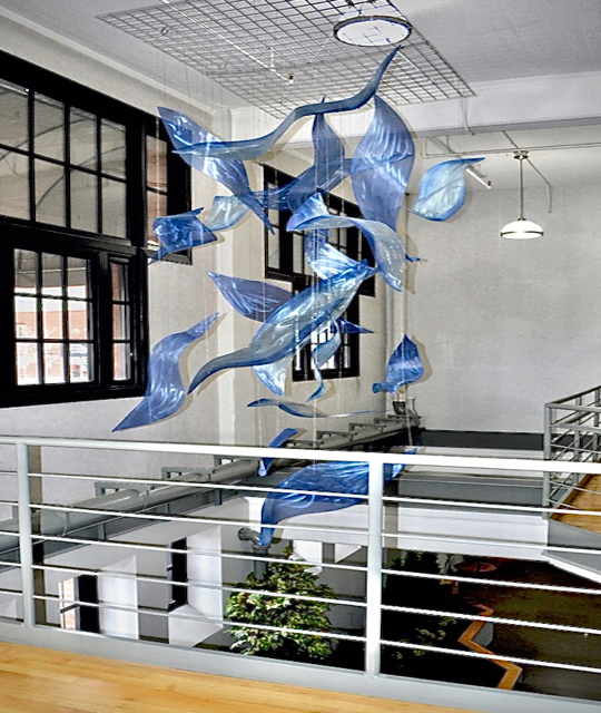 'Waves of Blue' Office Aerial Sculpture- Atrium | Bonnie Rubinstein Studio